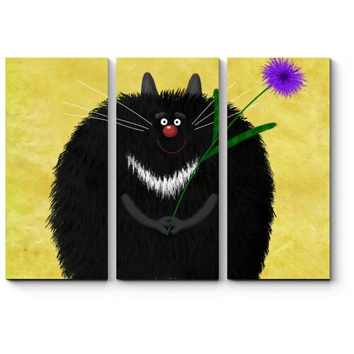 Модульная картина Милый черный кот с фиолетовой астрой 60x43