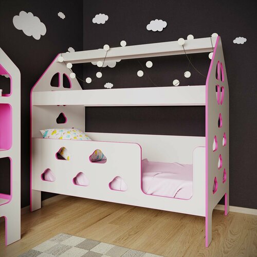 Кровать детская с бортиком под матрас 160х80, кровать-домик "Облачка", БазисВуд, вход справа, цвет розовый