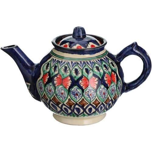 Шафран Заварочный чайник Риштанская керамика Узоры, 1000 мл, 1 л, синий/разноцветный
