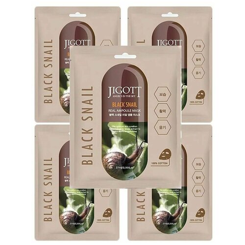 JIGOTT BLACK SNAIL REAL AMPOULE MASK Тканевая маска для лица с муцином улитки, 5шт.