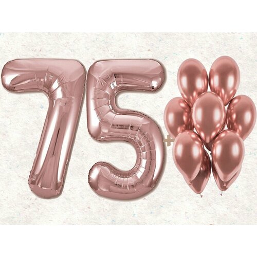 Набор воздушных шариков цифра " 75 " размер 102 см и 10 хромированных шаров 30 см, розовое золото