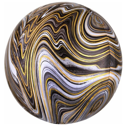 Воздушный шар из фольги. Сфера 3D, Мрамор, Золотая нить, Черный, Агат (22'/56 см)