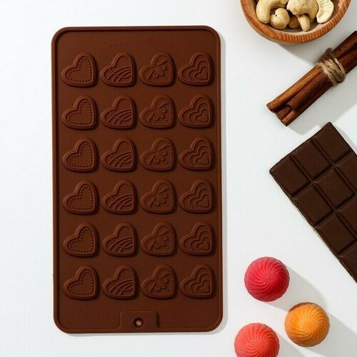 Форма для шоколада Сердечки, 21х11 см, 24 ячейки, цвет шоколадный 1 шт.