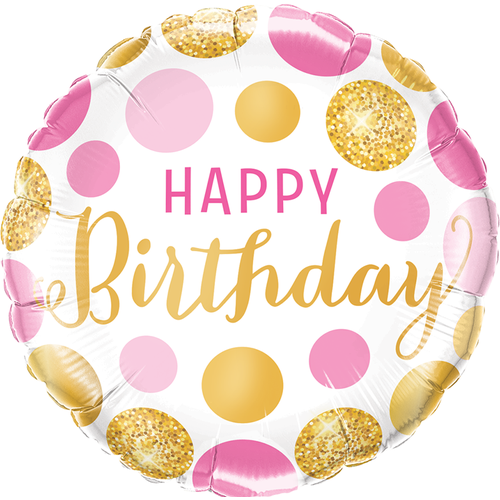 Воздушный шар фольгированный Qualatex круг С днем рождения горошек мелкий розовый/золотой, 46 см