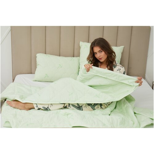 Одеяло 2 спальное 172 х 205 см натуральный бамбук Premium Collection Светло-зеленое / Стеганое / Облегченное / Гипоаллергенное