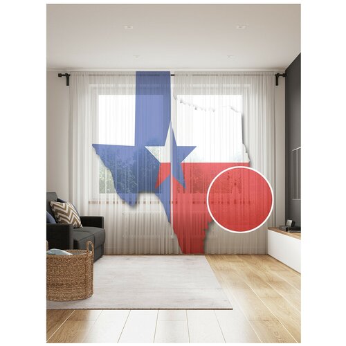 Тюль, фототюль длинный JoyArty "Флаг на карте Техаса" высота 265 см, ширина 145 см (2 полотна) на шторной ленте, крючки в комплекте