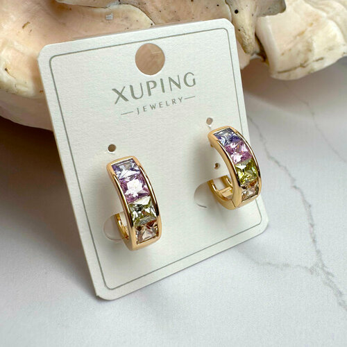 Серьги конго XUPING JEWELRY Позолоченные женские серьги-кольца с разноцветными фианитами, фианит, размер/диаметр 16 мм, золотой