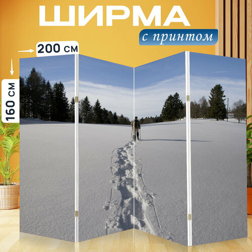 Ширма перегородка с принтом "Зима, снегоступы, закон" на холсте - 200x160 см. для зонирования, раскладная