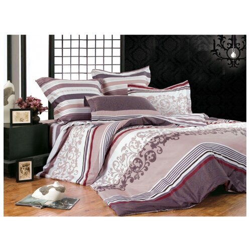 Комплект постельного белья СайлиД B-108, 2-спальное, сатин, белый/розовый/коричневый