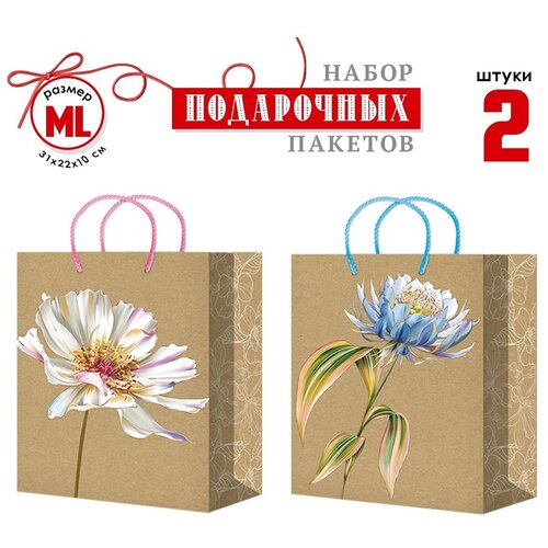 Подарочные крафт пакеты "Craft Show Flowers". Набор (2шт). Размер 31Х22Х10 см