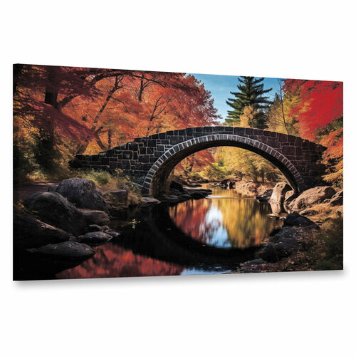 Интерьерная картина 100х60 "Пейзаж с каменным мостом и осенними деревьями"