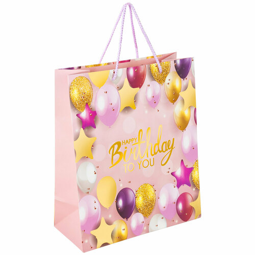 Пакет подарочный 26,5x12,7x33 см золотая сказка "Happy Birthday", фольга, розовый, 608238 В комплекте: 12шт.