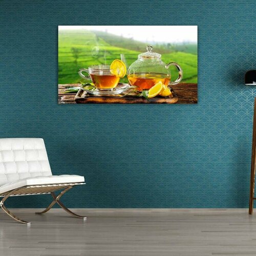 Картина на холсте 60x110 LinxOne "Зеленый чай с лимоном с" интерьерная для дома / на стену / на кухню / с подрамником