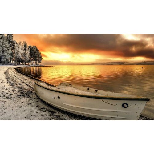 Картина на холсте 60x110 Альянс Лес "Озеро лодка берег" на подрамнике / интерьер/ декор