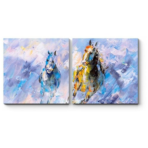 Модульная картина Бегущие лошади, масло 70x35
