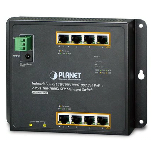 Коммутатор PLANET WGS-4215-8P2S (IP30, IPv6/IPv4, 8-Port 1000T 802.3at PoE + 2-Port 100/1000X SFP Wall-mount Managed Ethernet Switch (-40 to 75 C, dual power input on 48-56VDC terminal block and power jack, SNMPv3, 802.1Q VLAN, IGMP Snooping, SSL, SS