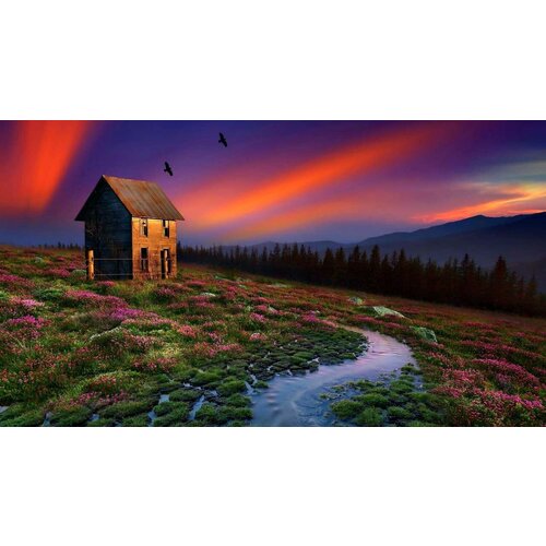 Картина на холсте 60x110 Альянс Лес "3D пейзаж дом кочки" на подрамнике / интерьер/ декор