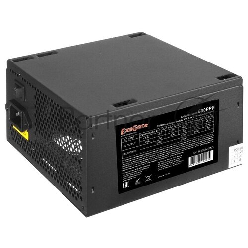 Блок питания 500W ExeGate 500PPE, ATX, PC, black, APFC, 12cm, 24p+(4+4)p PCI-E, 3*IDE, 5*SATA, FDD + кабель 220V в комплекте (EX284698RUS)