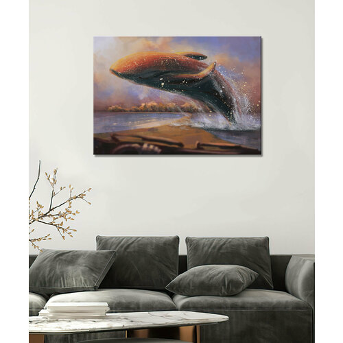 Картина - кит, арт, тёмный кит, кит в океане, кит прыгает (11) 60х80