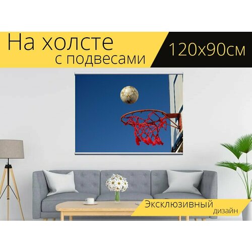 Картина на холсте "Баскетбол, спорт, корзина" с подвесами 120х90 см. для интерьера