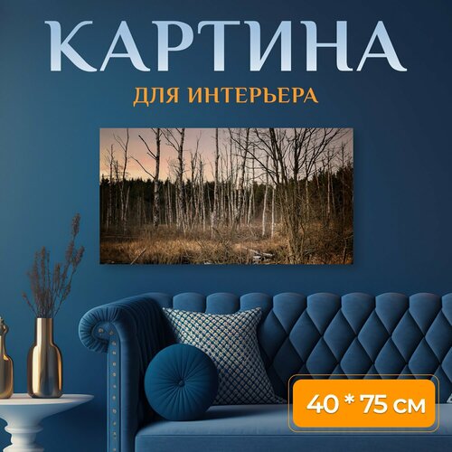 Картина на холсте "Вечерняя атмосфера, лес, повреждение дерева" на подрамнике 75х40 см. для интерьера
