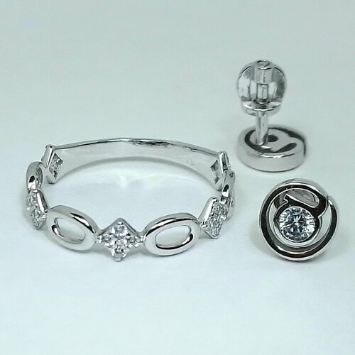 Ювелирный комплект: кольцо, серьги, серебро, 925 проба, родирование, фианит, размер кольца 17.5