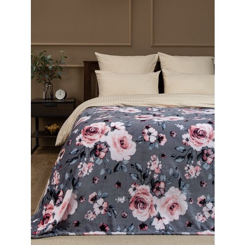 Плед TexRepublic Absolute 150х200 см, 1,5 спальный, велсофт, покрывало на диван, теплый, мягкий, серый, розовый с принтом розы