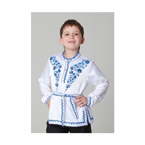 Карнавальная русская рубаха Страна Карнавалия  "Синие цветы", атлас, цвет белый, р-р 30, рост 110-116 см