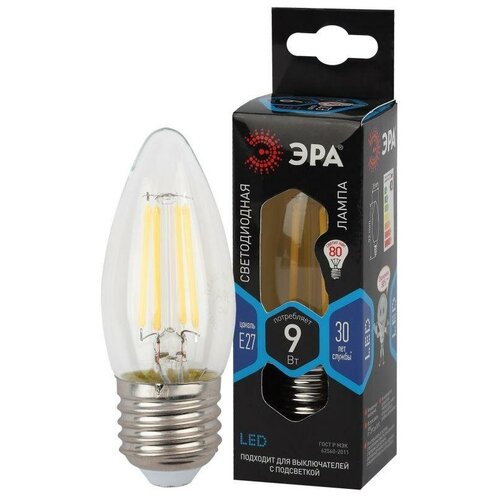 Лампа светодиодная филаментная F-LED B35-9W-840-E27 9Вт B35 свеча 4000К нейтр. бел. E27 | код. Б0046997 | Эра (2шт. в упак.)