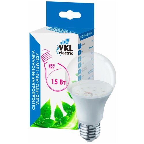 Лампа светодиодная комнатная для растений и рассады VLED-FITO-A65-15W-E27 220V пластик VKL electric