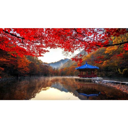 Картина на холсте 60x110 Альянс Лес "Осень пруд Южная Корея парк" на подрамнике / интерьер/ декор