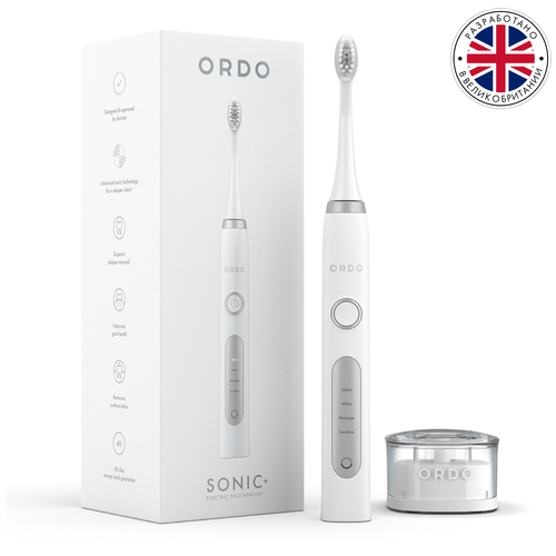 Электрическая зубная щетка ORDO Sonic+ звуковая, 4 режима чистки, таймер на 2 мин, USB зарядка, с влагозащитой, белая