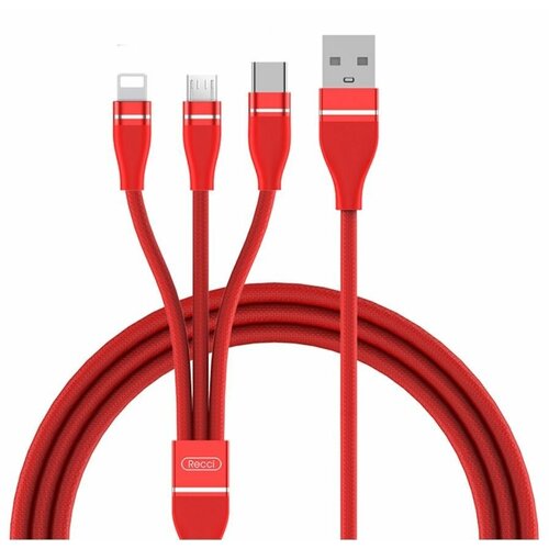 Кабель для зарядки телефона Recci RTC-T02 Tube USB to Type-C+Lightning+Micro-USB, 1.2 метра, 3А, красный