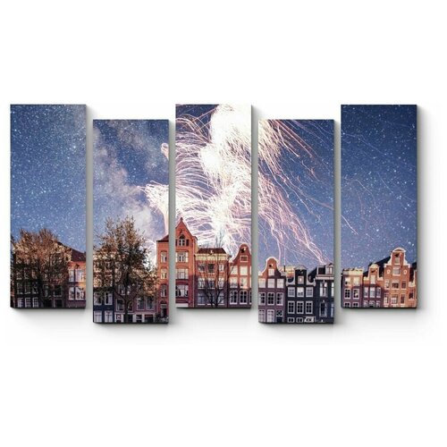 Модульная картина Яркий фейерверк в ночном небе Амстердама 200x116