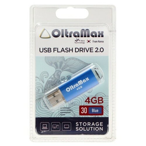 Флешка OltraMax 30, 4 Гб, USB2.0, чт до 15 Мб/с, зап до 8 Мб/с, синяя