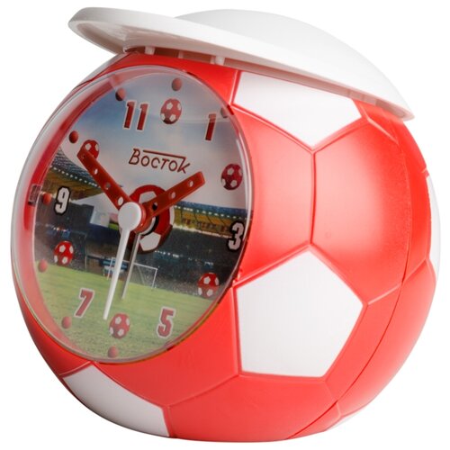 Будильник футбольный мячик Восток SP-10 красно-белый цвет с принтом на циферблате размер 9х9 см