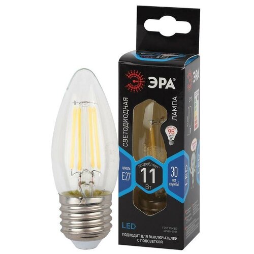 Лампа светодиодная филаментная F-LED B35-11W-840-E27 11Вт B35 свеча 4000К нейтр. бел. E27 | код. Б0046988 | Эра (20шт. в упак.)