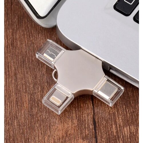 USB Переходник, Флеш-накопитель 32Gb, i-Flash Device 4 в 1, флешка для iPhone, iPad, Android, Windows, Mac, Ligthning, Type-C, Серебритсый