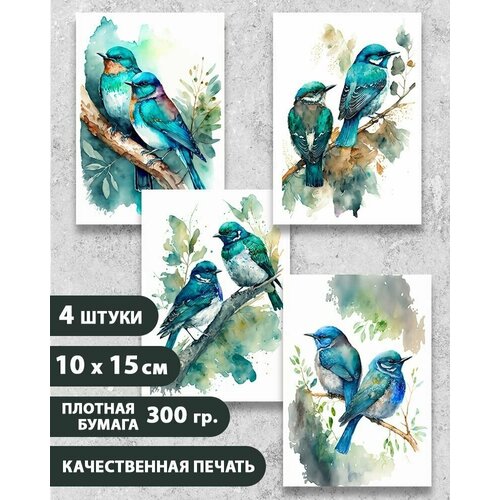 Набор открыток "Птицы 8", 10.5 см х 15 см, 4 шт, InspirationTime, на подарок и в коллекцию