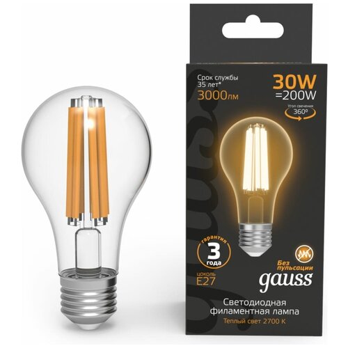 Лампа Gauss Filament А70 30W 3000lm 2700К Е27 LED 1/10/40 102902130