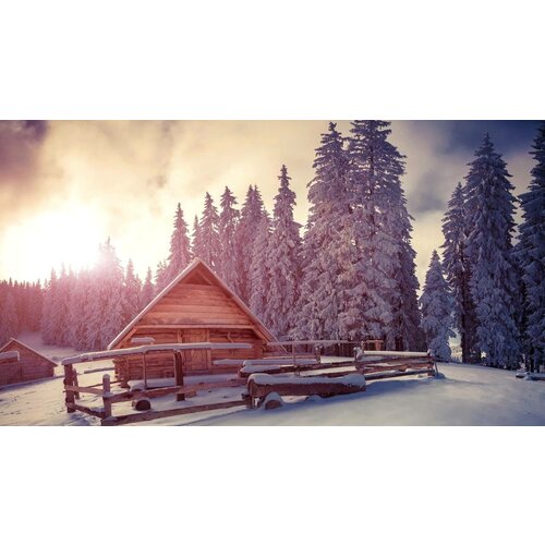Картина на холсте 60x110 LinxOne "Зима природа лес домики красиво" интерьерная для дома / на стену / на кухню / с подрамником