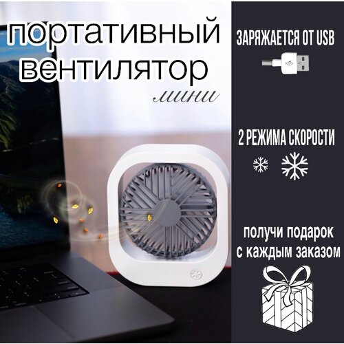 Настольный мини вентилятор/ маленький портативный/ юсб usb/мощный/ белый-серый
