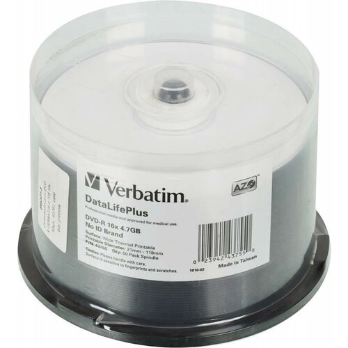 Диск DVD-R VERBATIM 4.7Gb 16x Cake Box (50шт) Printable (43755)