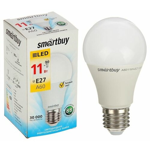 Smartbuy Лампа cветодиодная Smartbuy, A60, E27, 11 Вт, 3000 К, теплый белый свет