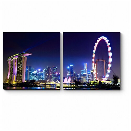 Модульная картина Огни ночного Сингапура в отражении Марина Бэй 100x50