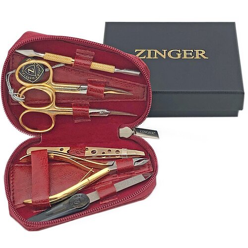 Маникюрный набор Zinger 7103 G, 6 предметов, позолоченный/красный