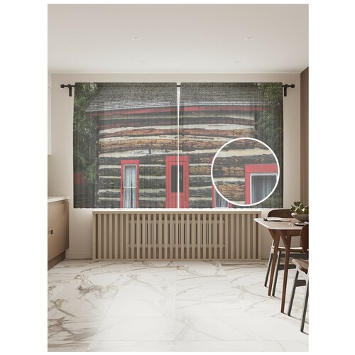 Тюль, фототюль короткий JoyArty "Дом с красной дверью" высота 180 см, ширина 145 см (2 полотна) на шторной ленте, крючки в комплекте