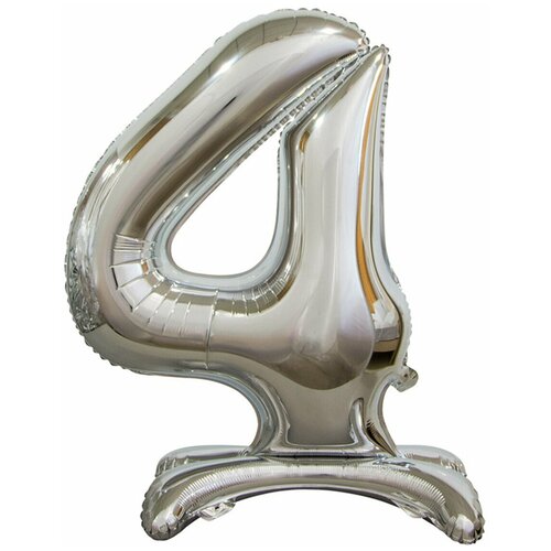 Воздушный ходячий шар фольгированный Riota Цифра 4, серебряная, на подставке, 76 см