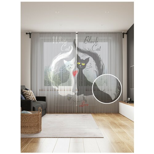 Тюль для кухни и спальни JoyArty "Коты и обглоданные косточки", 2 полотна со шторной лентой шириной по 145 см, высота 265 см. Черный, красный, серый
