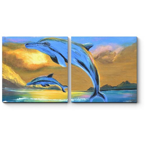 Модульная картина Дельфины на закате, масло 50x25